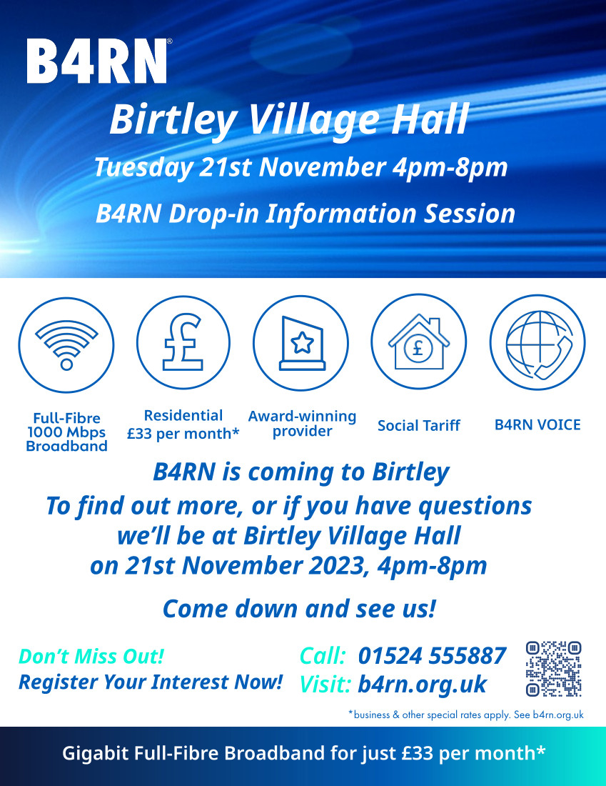 B4RN is coming to BIRTLEY Village Hall -THIS TUESDAY 21th Nov 4-8pm ...